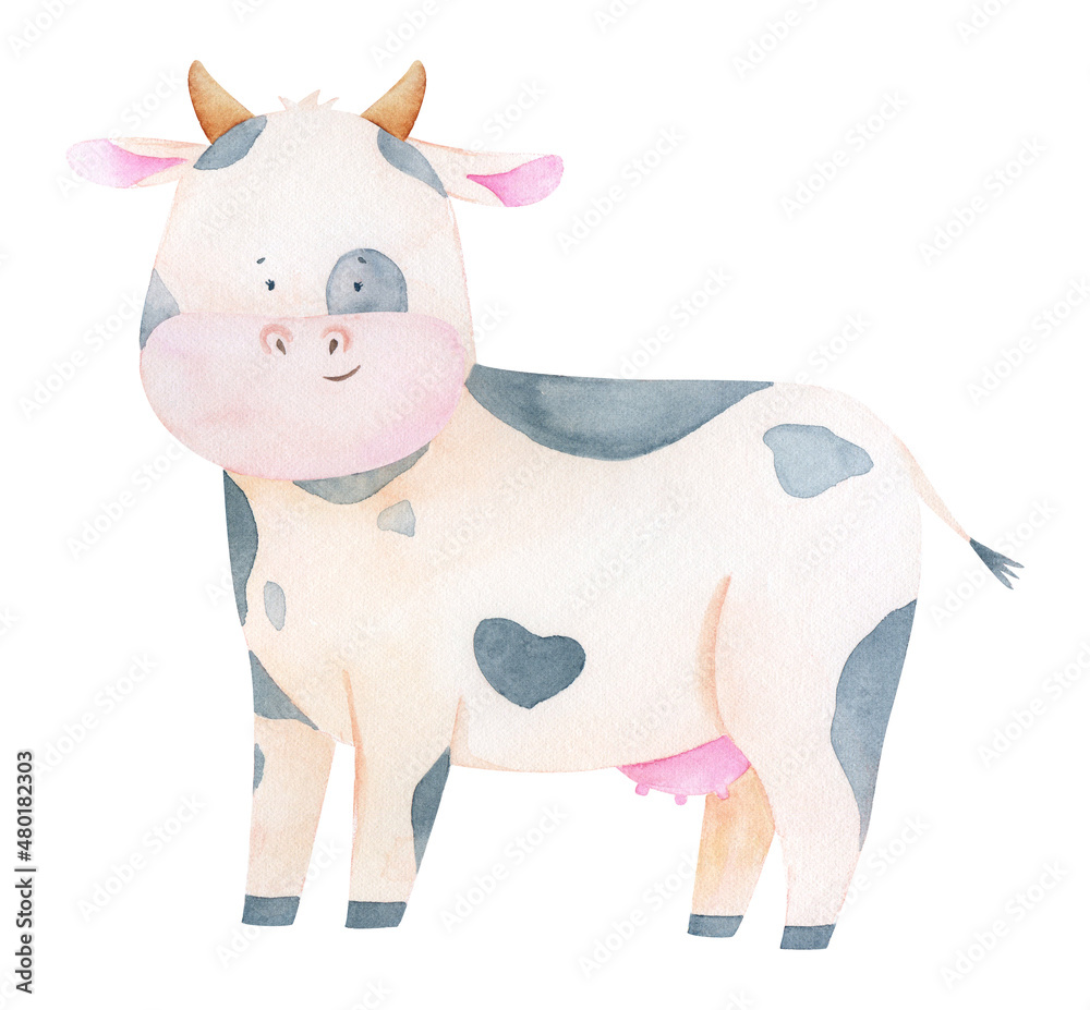 Watercolor cow isolated on white background. Cute farm animal ...