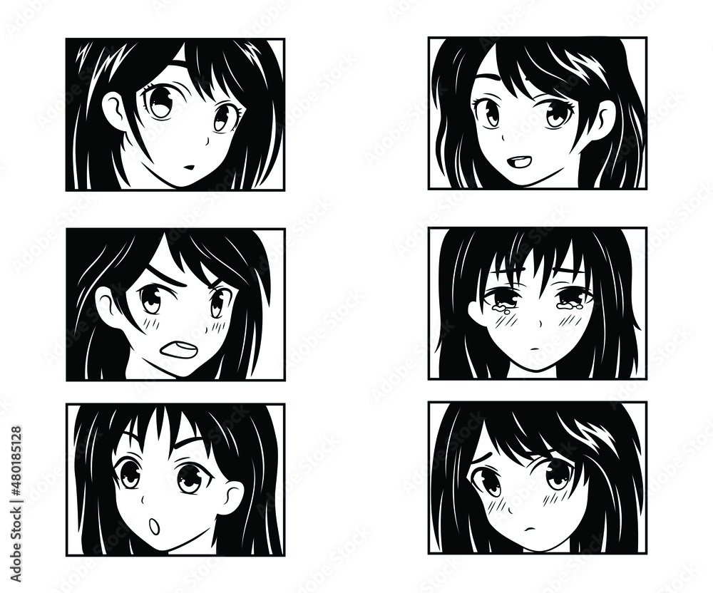 Set of an anime girl. Collection of cartoon emotion girls. Cute anime ...