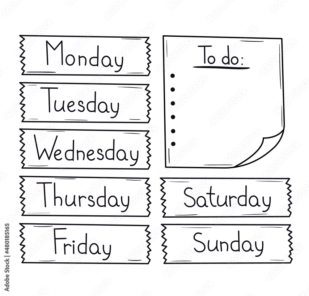 Hand drawn days of the week dividers and notes list. Doodle template ...