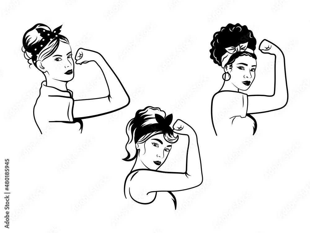 Set Of Strong Girl In Headband Collection Of Classical American Symbol