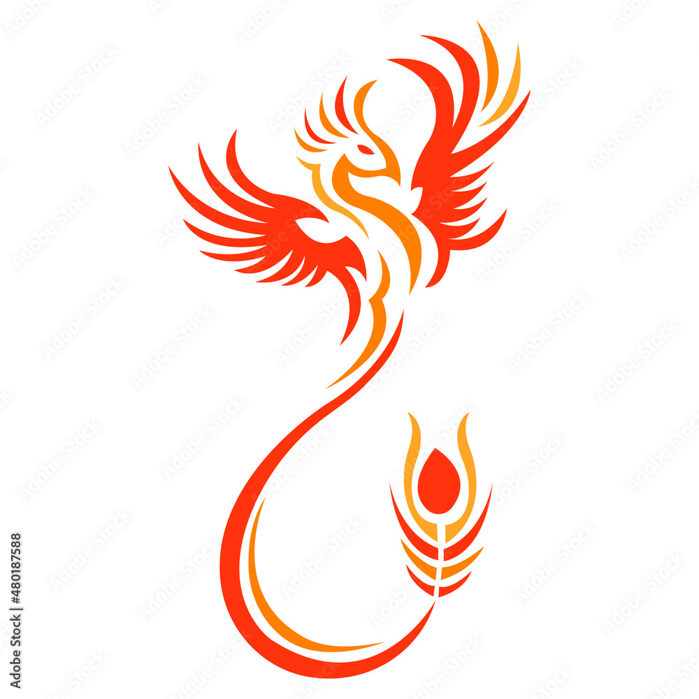 Bird silhouette - Firebird painted in red and orange color, drawn with ...