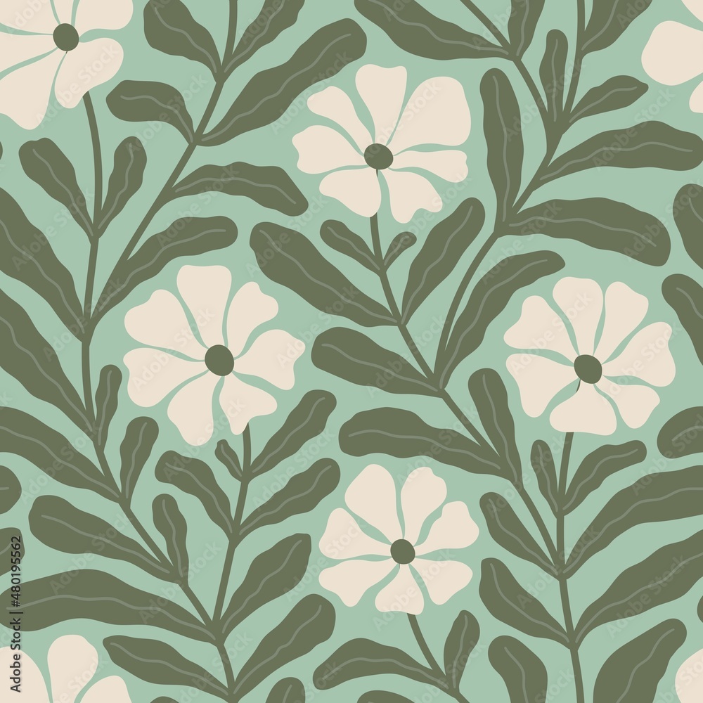 MINT VECTOR BACKGROUND WITH WHITE FLOWERS Stock Vector | Adobe Stock