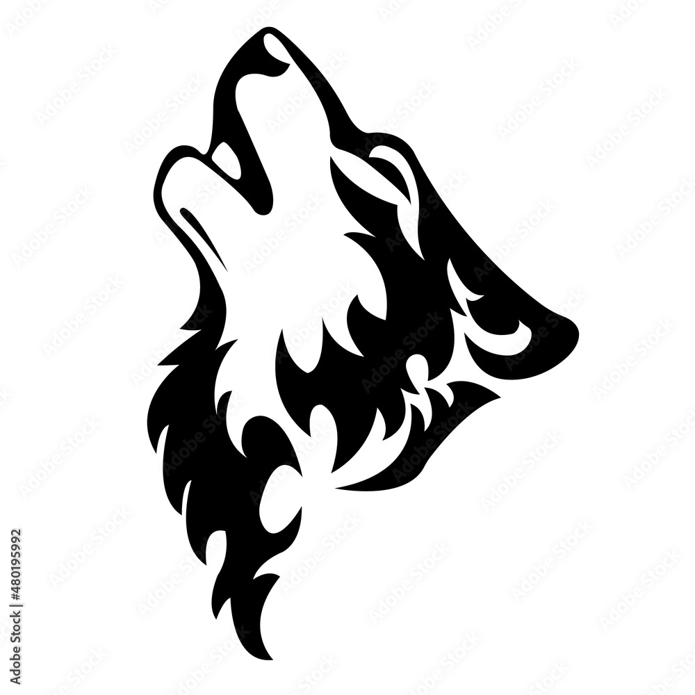 The silhouette, the contour of the muzzle of a howling wolf in black on ...