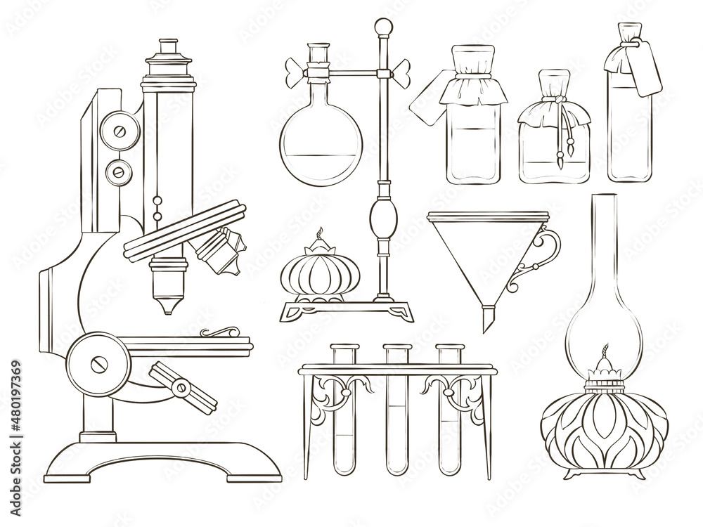 Hand drawn coloring page of vintage chemistry objects Stock ...