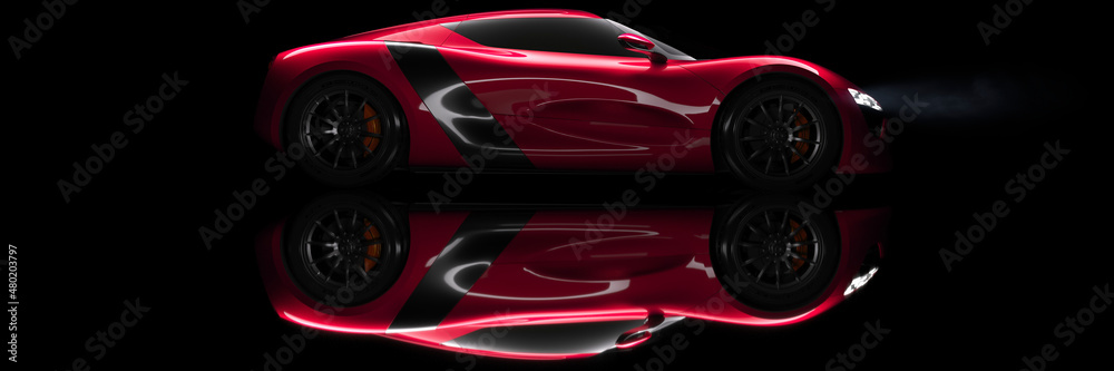 Side profile view of outline of red generic sports car in a dark studio ...
