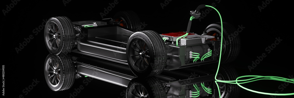 Generic electric car battery frame being charged in a studio setting 3d ...