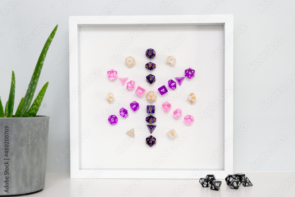 A framed piece of art: a mandala made from polyhredral dice. Mandalas ...