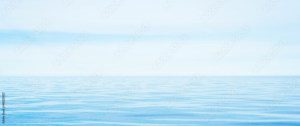 Panoramic seascape. Clear blue glowing sky, reflections, sea water ...