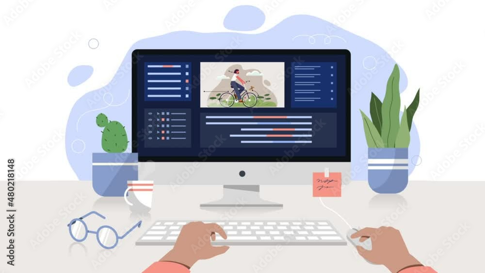 Profession of animator video concept. Workspace with pop up computer ...