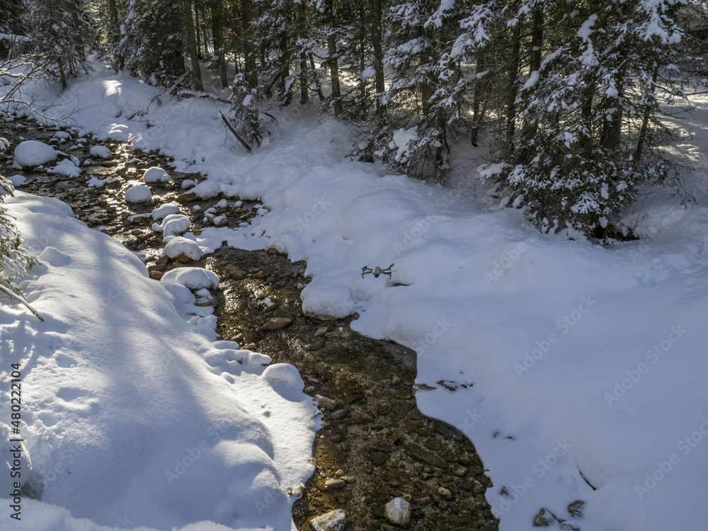 drone on dolomites snow panorama wooden hut val badia armentarola creek ...