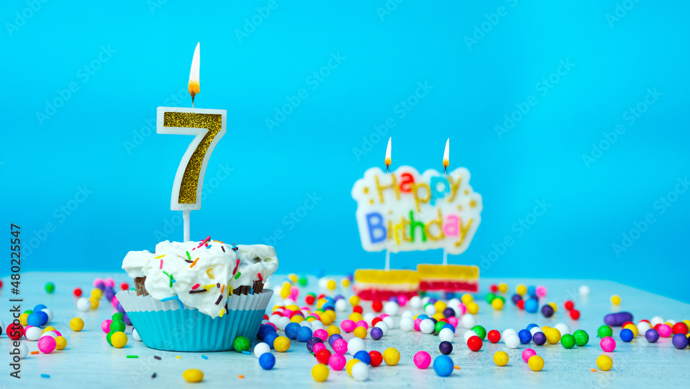 Beautiful birthday greetings to a seven-year-old child on a blue ...