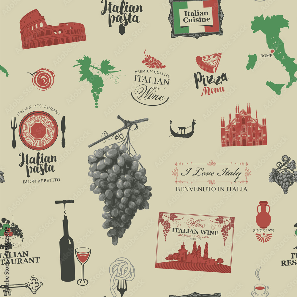 Travel seamless pattern on the theme of Italy and Italian cuisine in ...