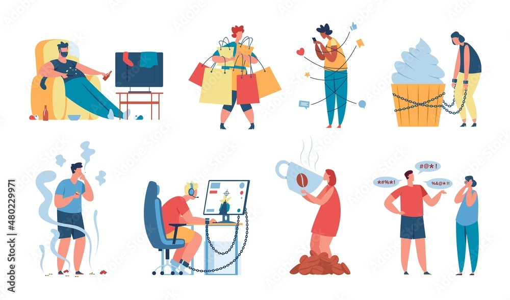 Young characters addicted to social media, gaming or tv. People with ...