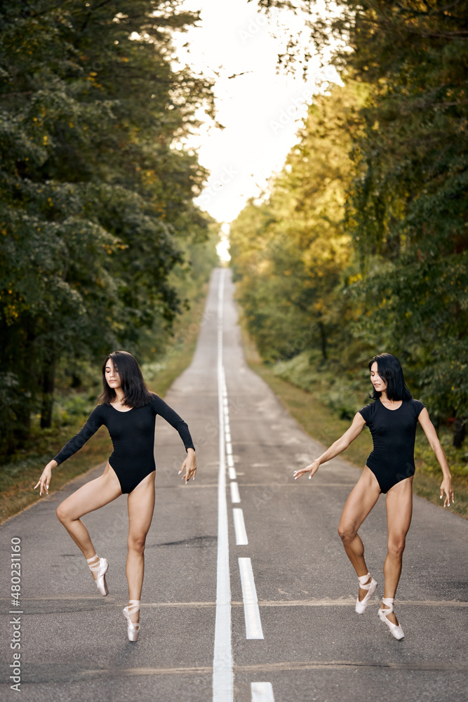 Two young beautiful twin sister dancing ballet in forest wearing ballet ...