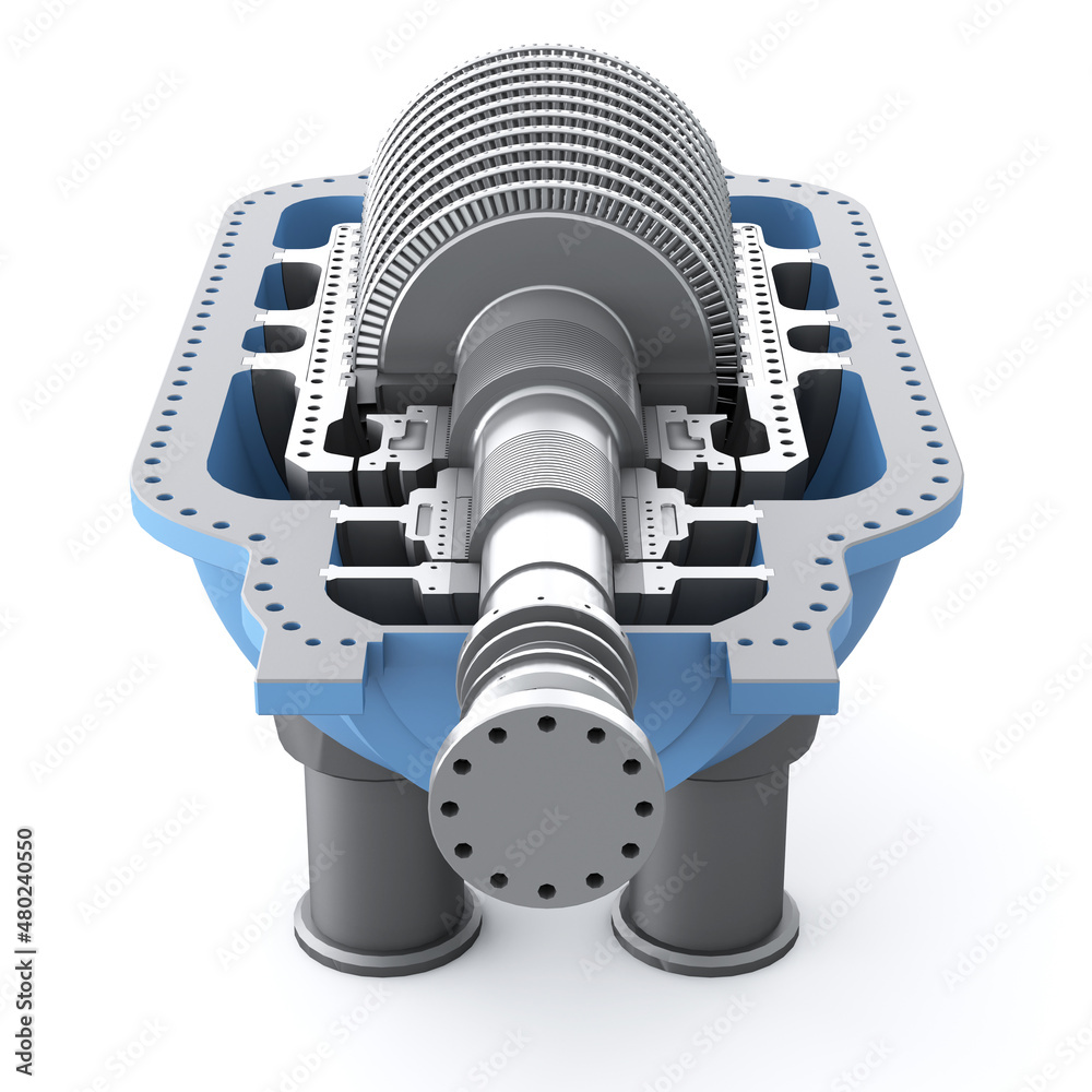 High pressure steam turbine with the cover removed on a white ...