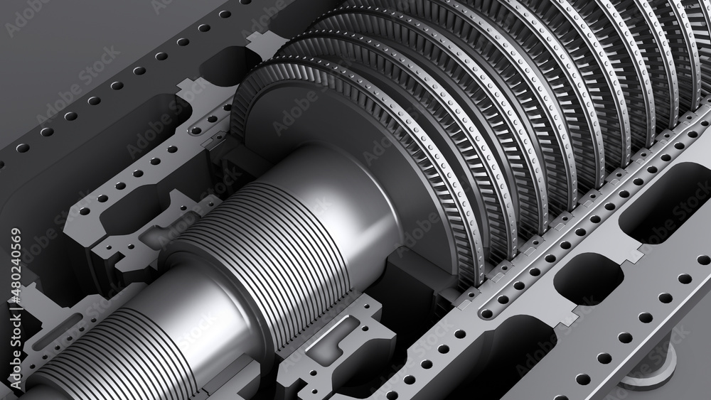 Steam turbine close-up. Turbine shaft with impeller. Dark industrial ...