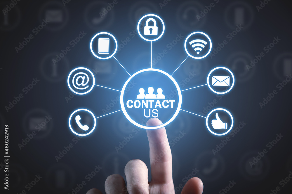 Male hand touching in Contact us concept. Customer support Stock Photo ...