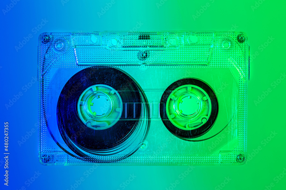 Plastic transparent cassette tape - blue and green background, pop art ...
