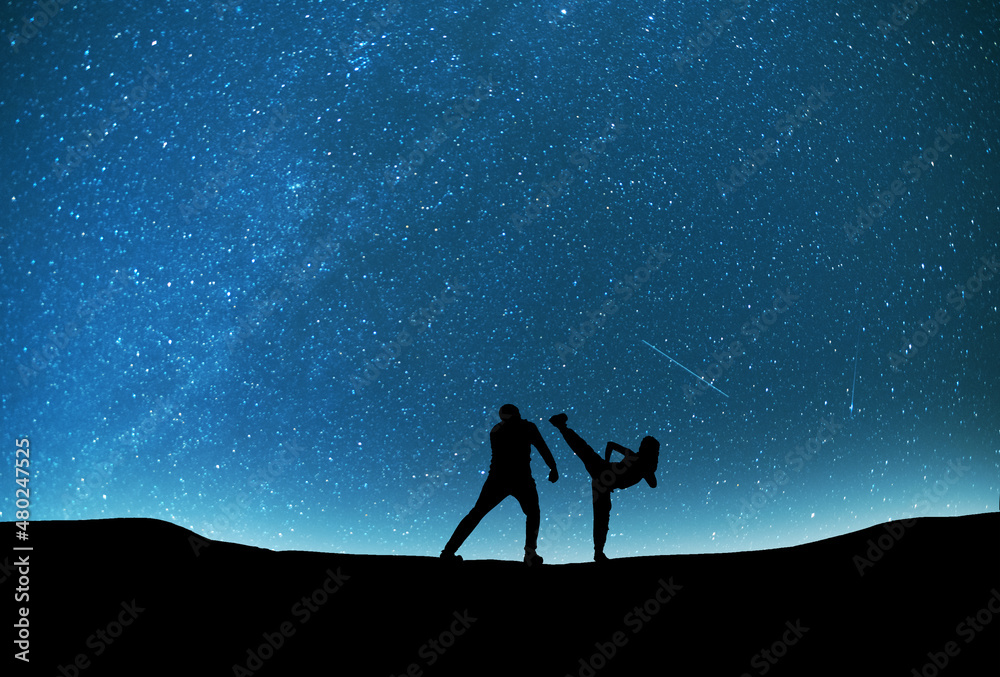 Silhouettes of karate fighters on the background of the starry sky ...