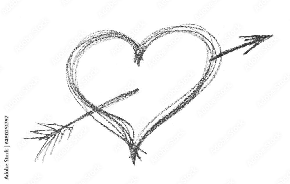 Graphite pencil, romantic arrow through heart hatching with word love ...