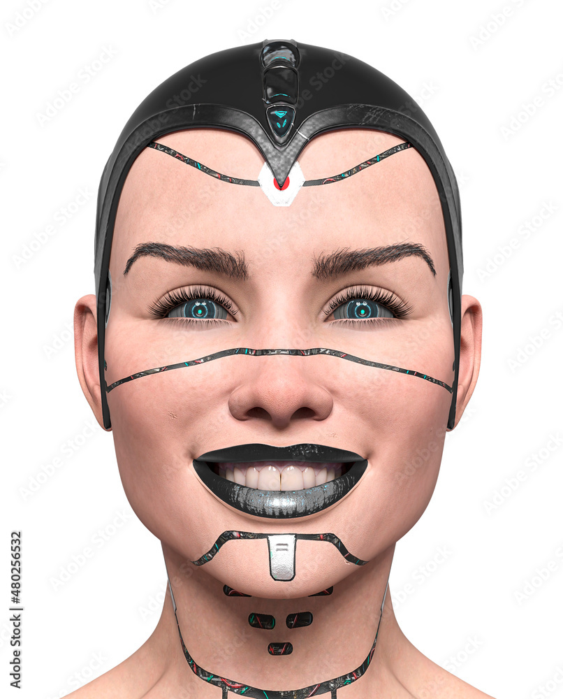 super cyborg girl id picture profile with a full face smile in white ...