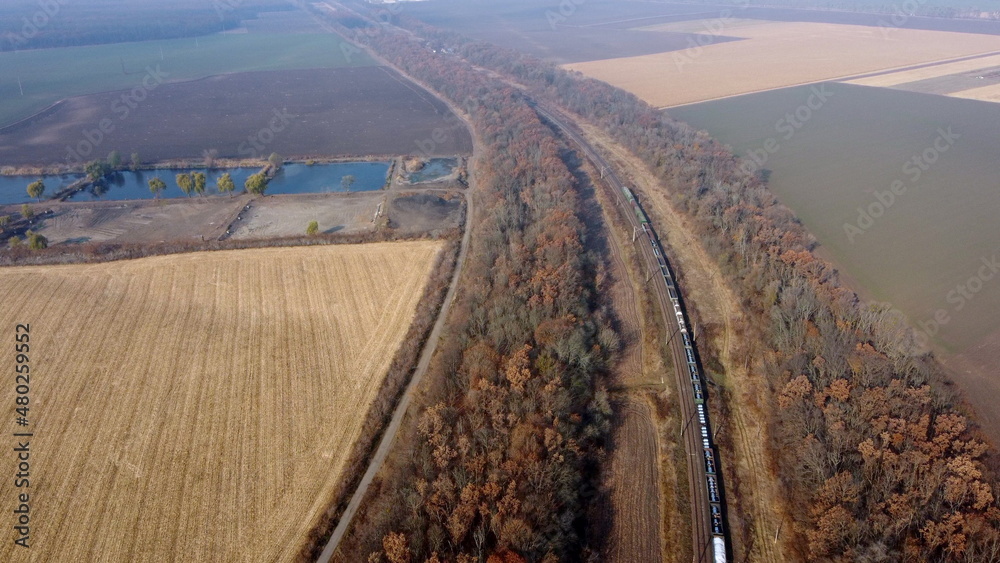 Panoramic View of Moving Freight Train Along Railway Tracks Among Trees ...