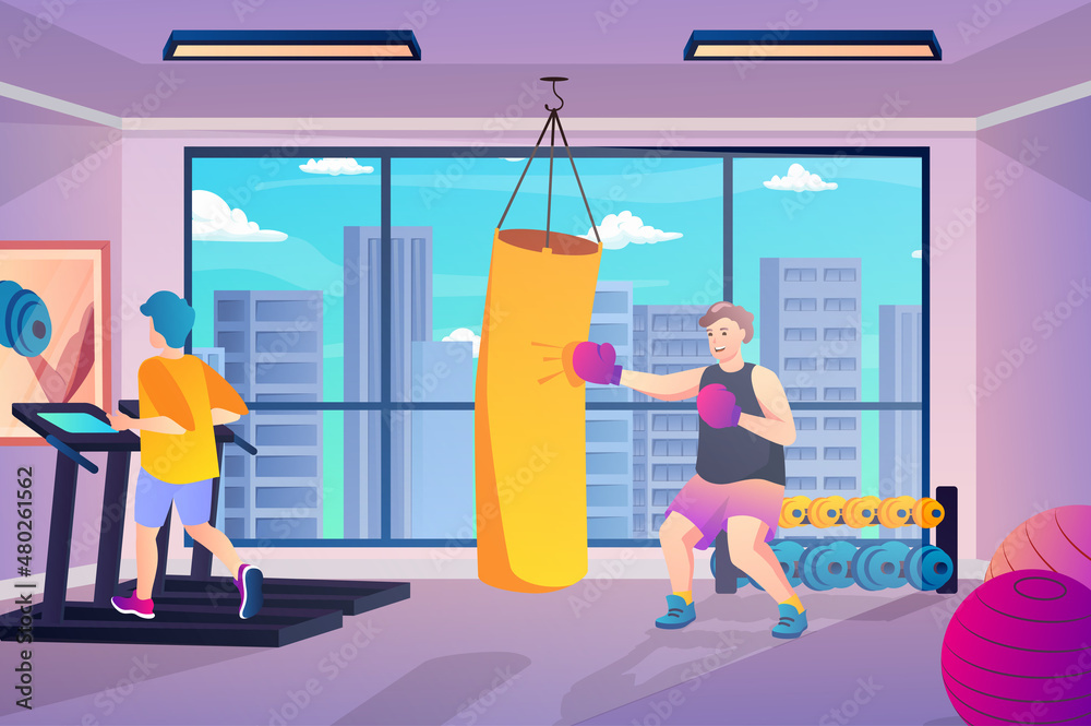 Gym fitness concept in flat cartoon design. Men are running on ...