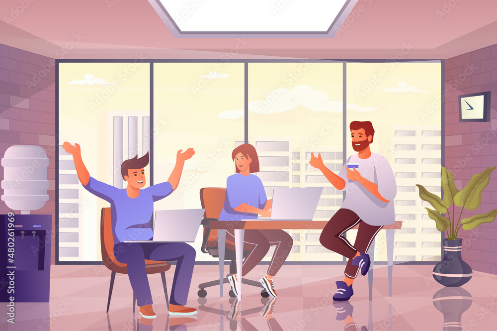 Startup team meeting in office concept in flat cartoon design. Men and ...