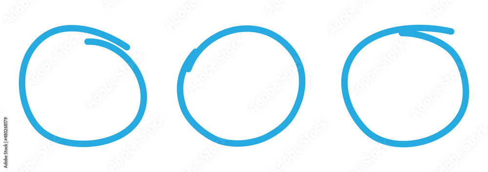 Blue circle pen draw set. Highlight hand drawn circle isolated on white ...