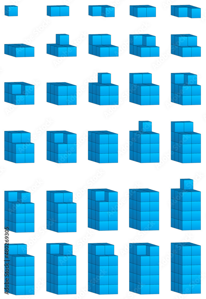 3D vector illustration with 30 sets of cubes packed in a range from 1 ...
