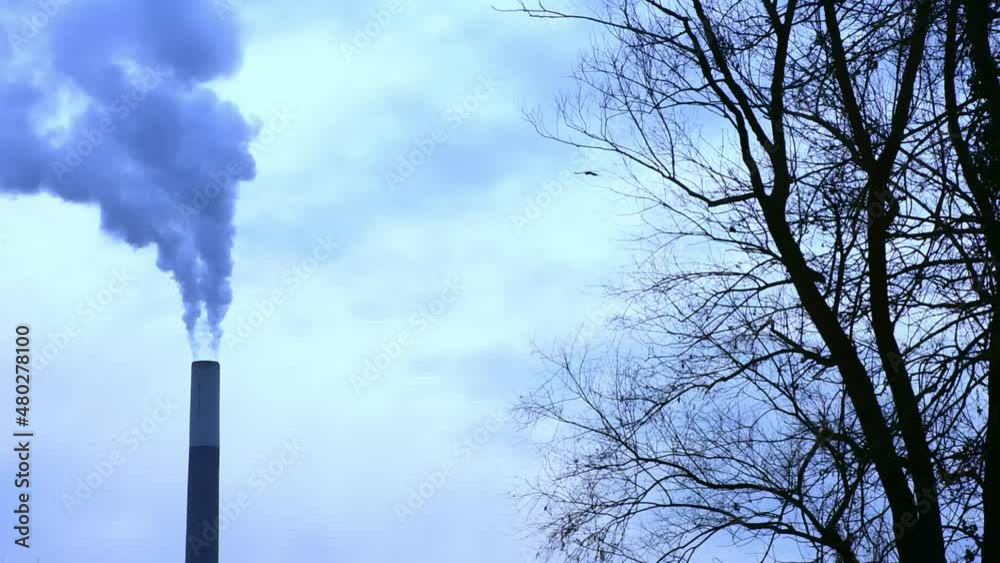 Steam and smoke pollution from thermal power plant, in cold winter ...