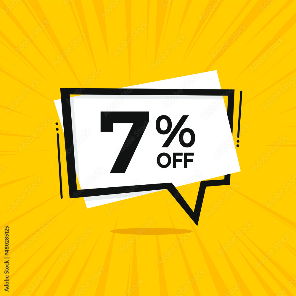 7% off. Discount 7 percent. Yellow banner with floating balloon for promotions and offers. Stock ...