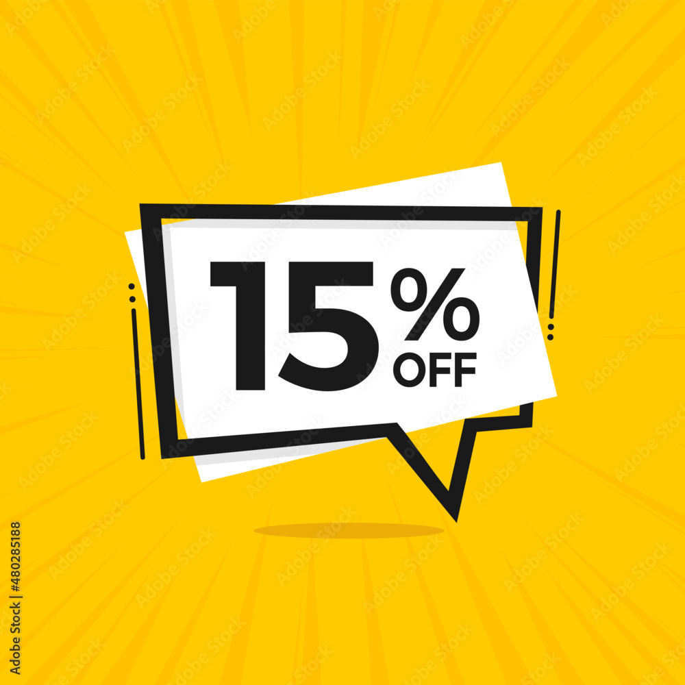 15% off. Discount 15 percent. Yellow banner with floating balloon for ...