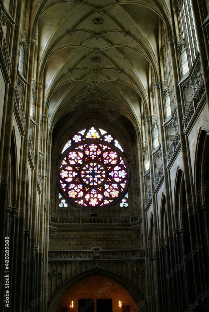 Stained glass window in St Vitus Cathedral in the Prague Castle complex ...