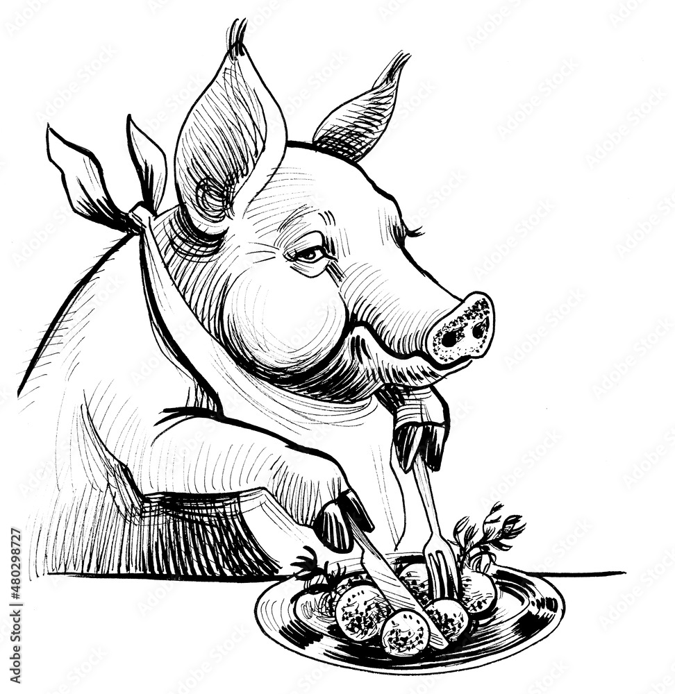 Cute hungry pig eating meal Stock Illustration | Adobe Stock