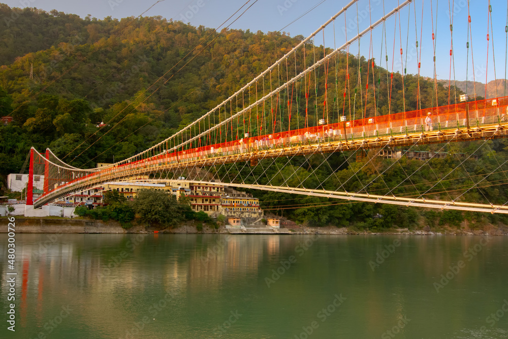 Ram jhula bridge of Rishikesh over Holy river Ganges, a suspension ...