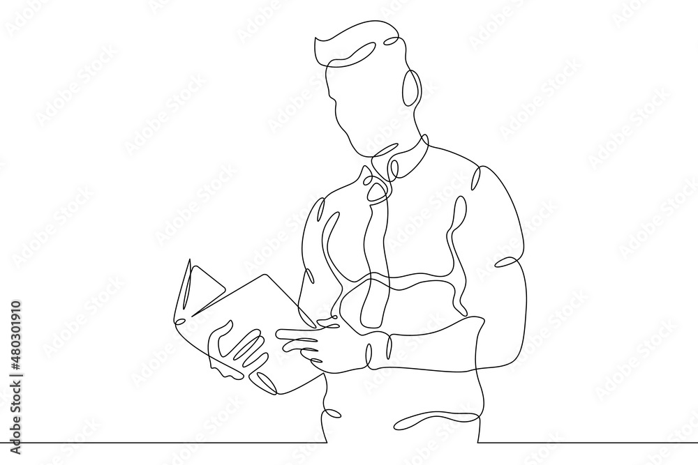 One continuous line.Man reads a book. A student reads a textbook ...