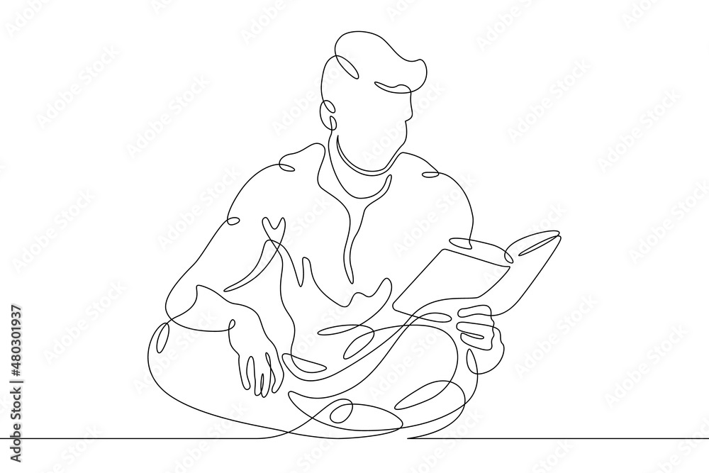 One continuous line.Man reads a book. A student reads a textbook ...