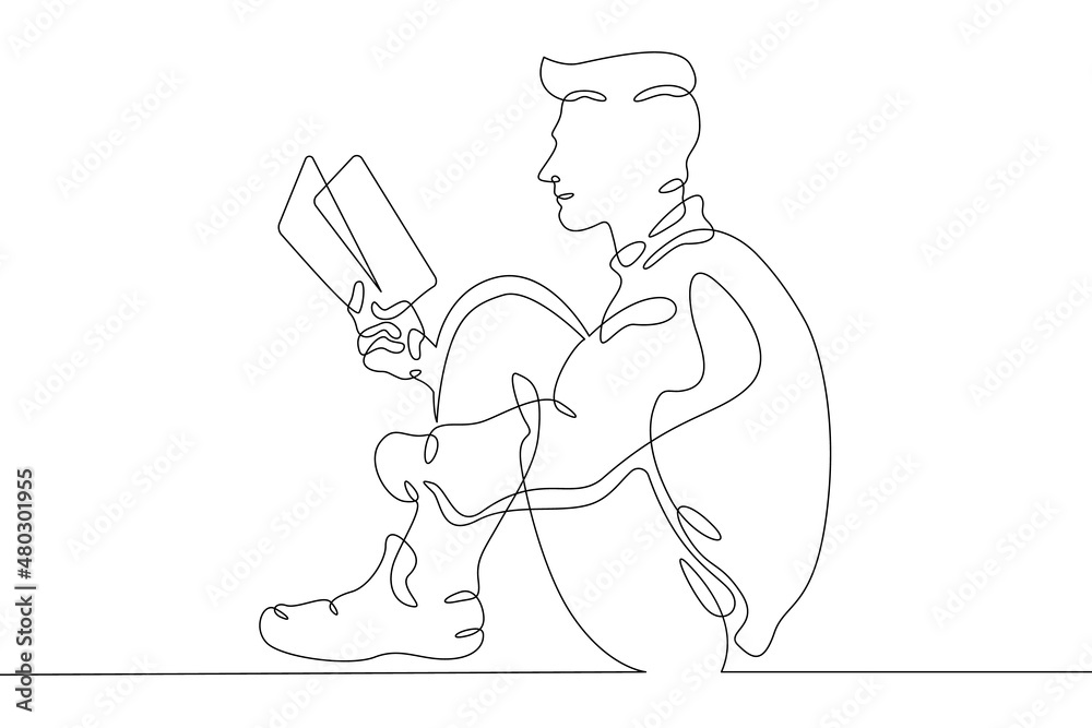 One continuous line.Man reads a book. A student reads a textbook ...