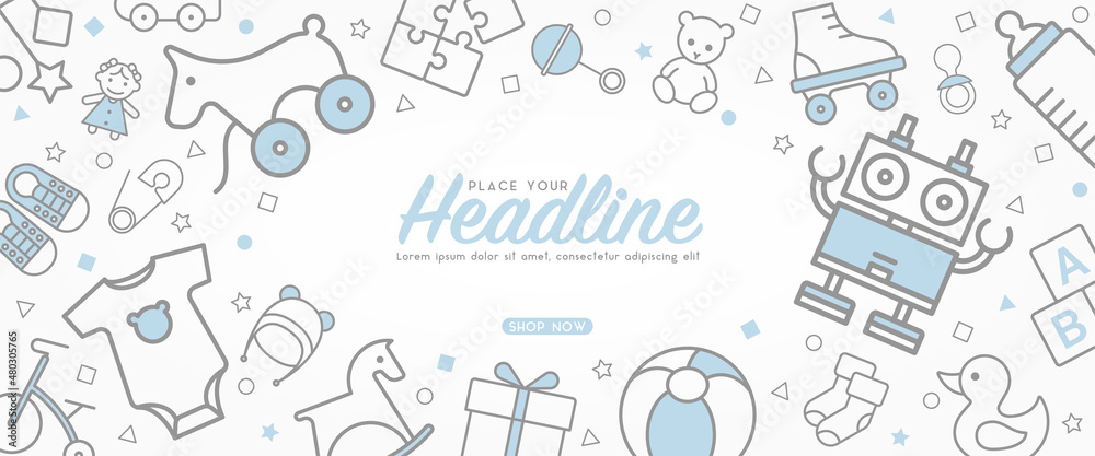 Cute baby shop banner design with vector line icons for Baby store ...