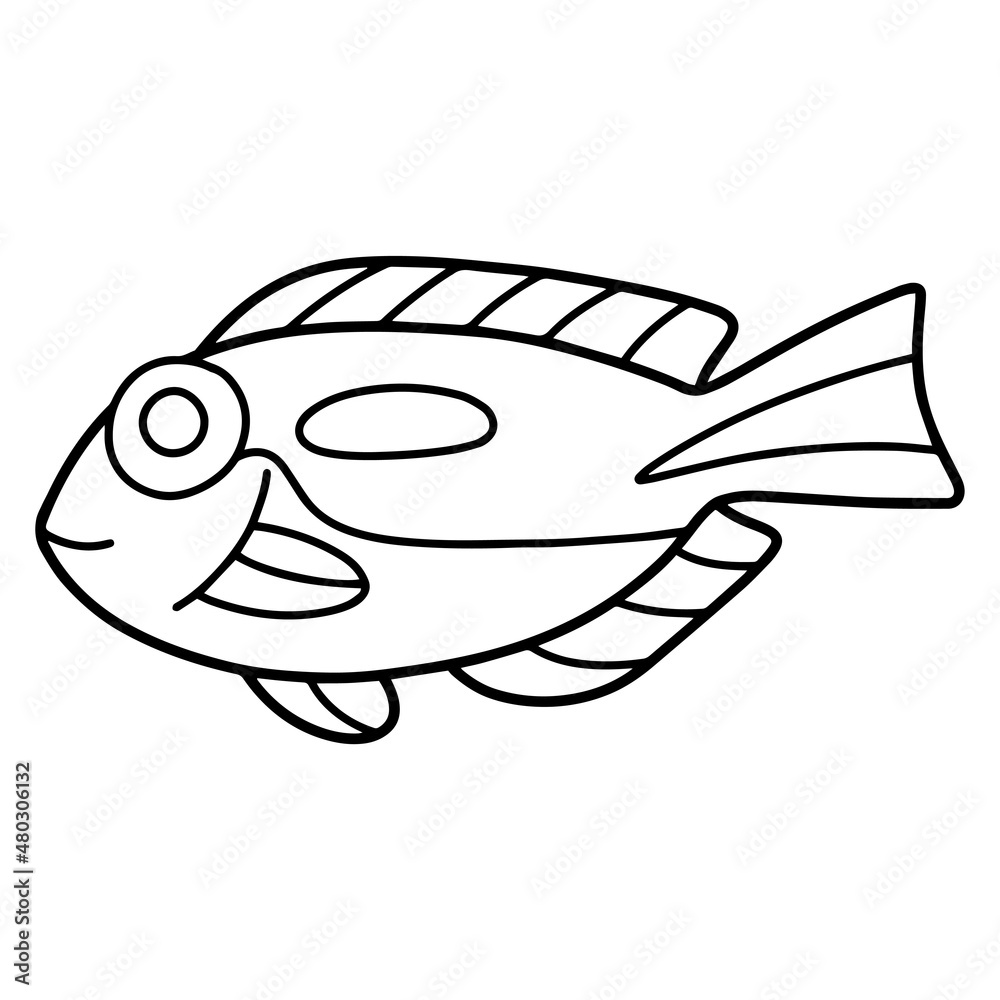 Hand-drawn blue tang fish coloring page for kids vector. Funny cartoon ...