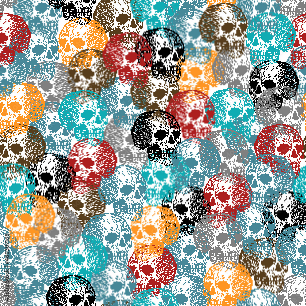 Skull pixel art pattern seamless. pixelated Skeleton head background. 8 ...