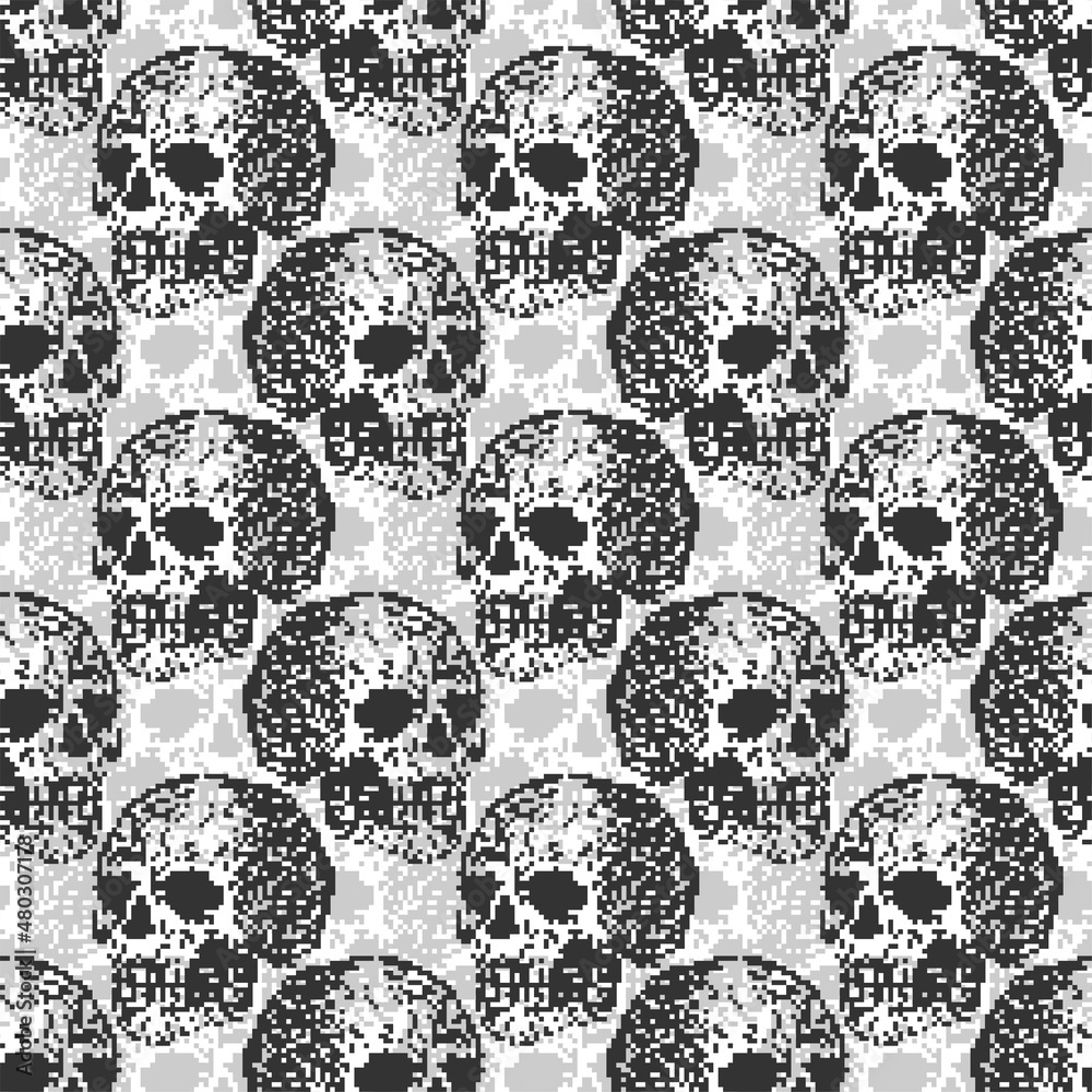 Skull pixel art pattern seamless. pixelated Skeleton head background. 8 ...