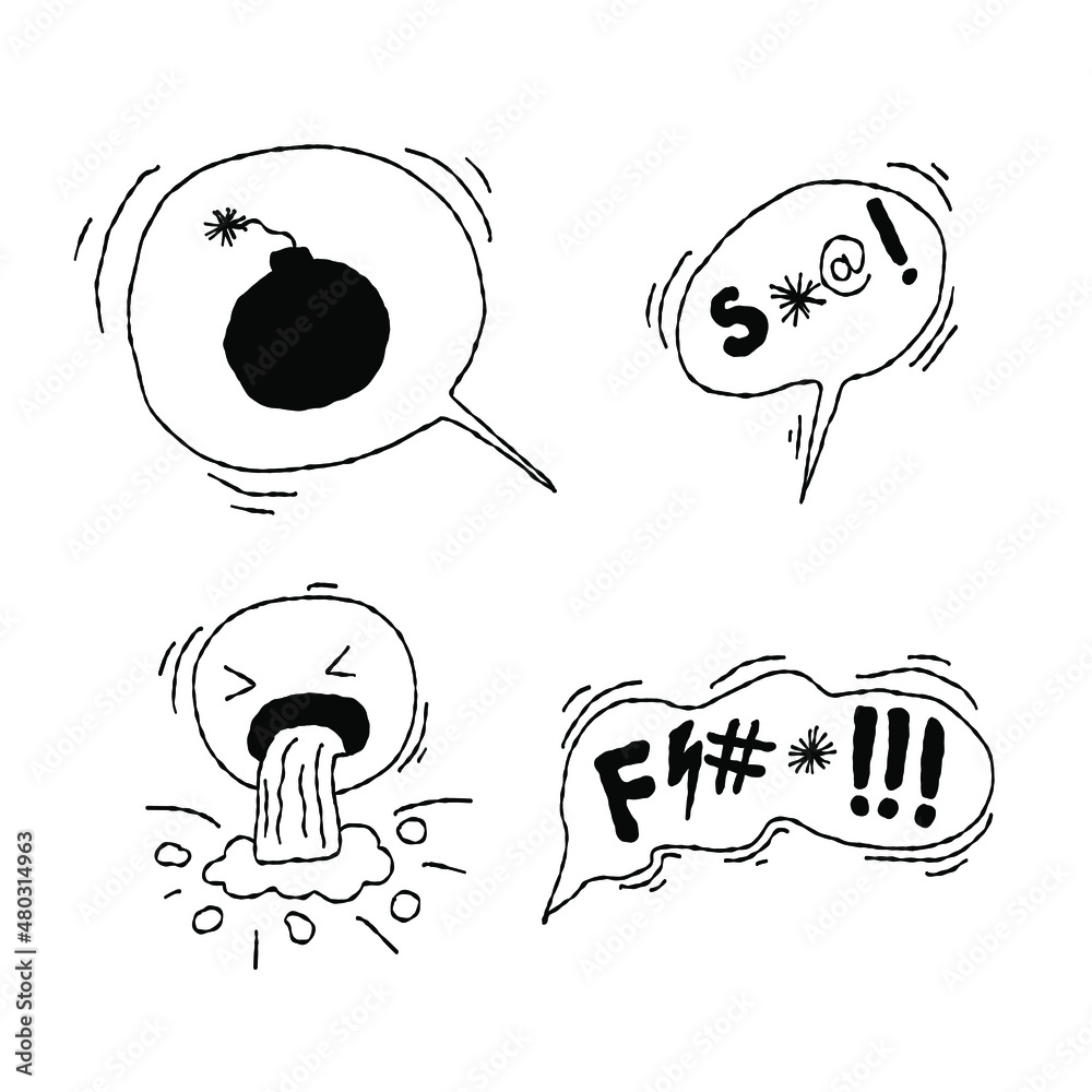 Doodle hand drawn speech bubble with swear words symbols. Angry face ...