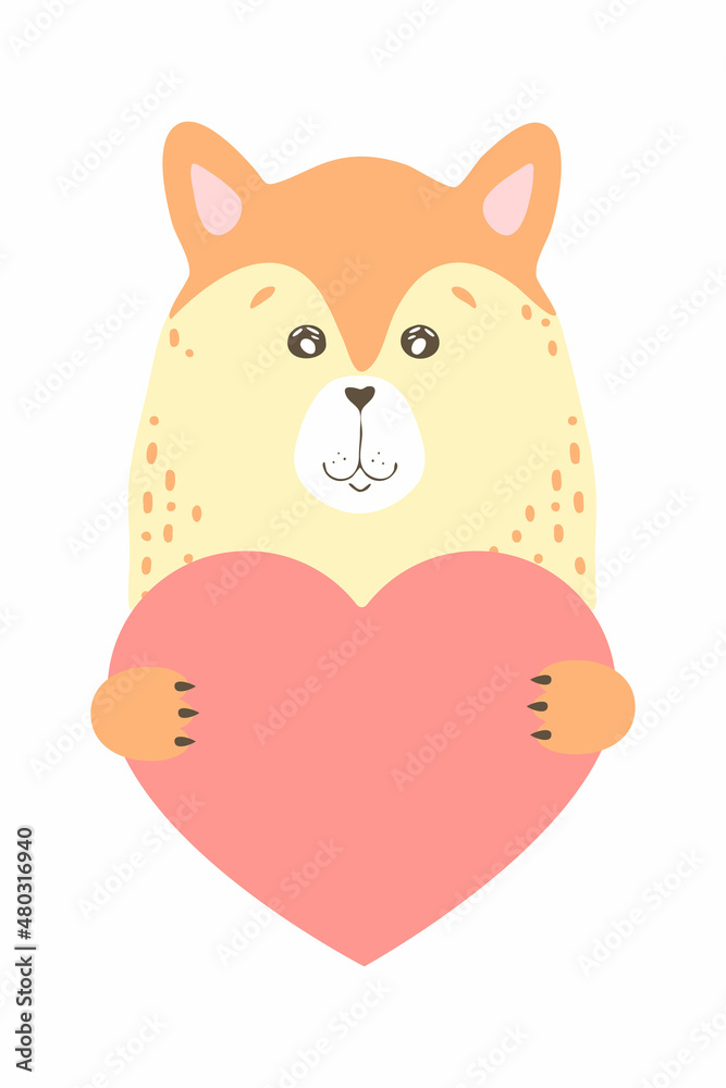 Cute cartoon animal holds a heart sign with copy space. set valentine's ...