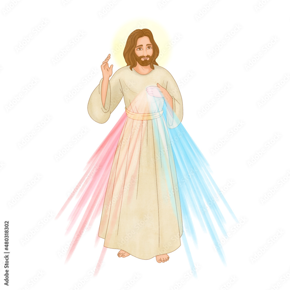 Poster Divine Mercy of Jesus character, rays of light are emanating ...