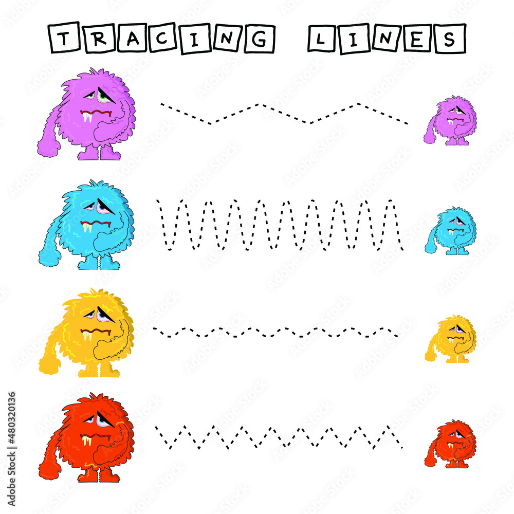 Trace line worksheet with cute colorful monsters for kids, practicing ...