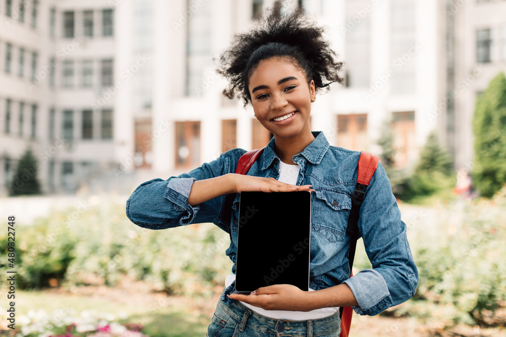 Black College Student Girl Showing Tablet Empty Screen Standing ...
