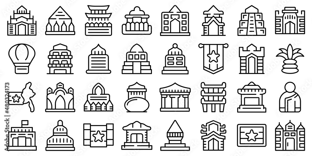 Myanmar icons set outline vector. Burma yangon. Map architecture Stock ...
