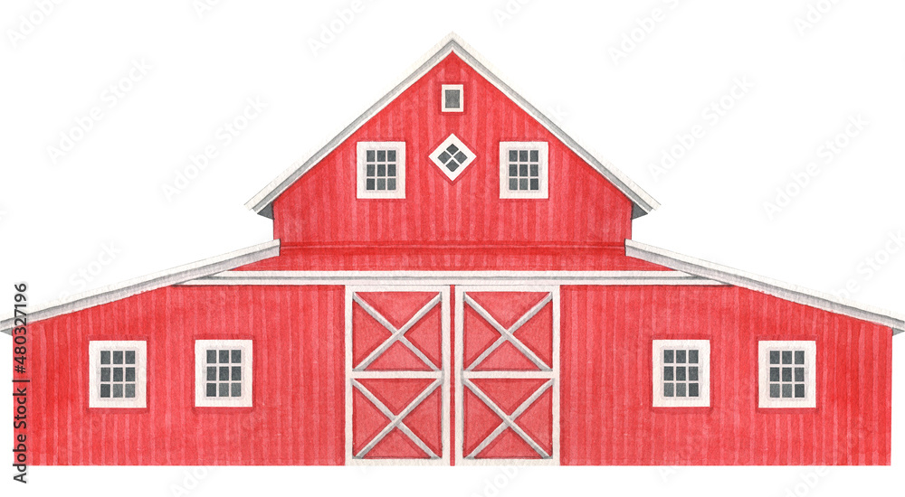 Watercolor red barn. Farmhouse illustration. Farm building Stock ...
